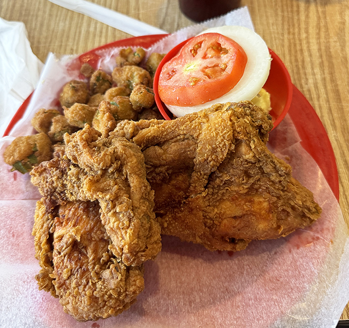 Fried chicken that would make your grandmother jealous &ndash; deeply seasoned, perfectly crisp, and served with okra nuggets that could convert any skeptic.