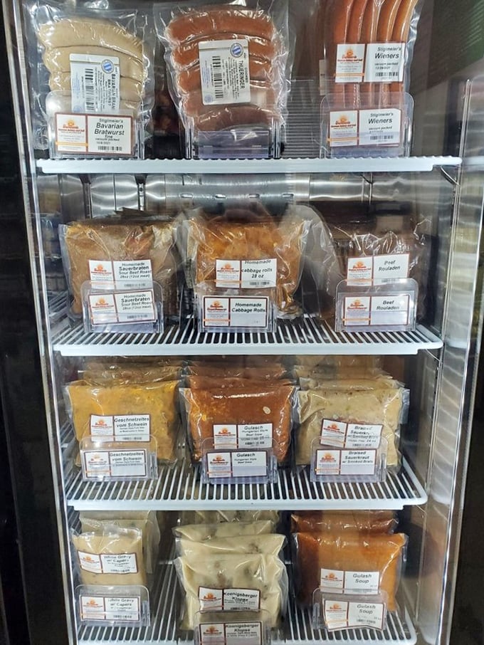 The refrigerator of ready-to-heat German comfort. Those homemade soups and sausages are like a warm hug from your European grandmother.