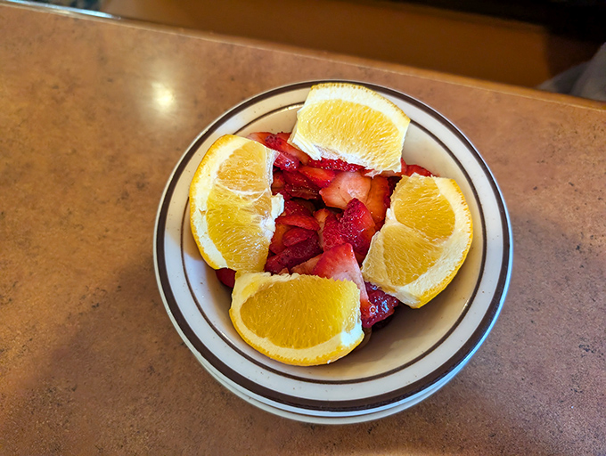 Fresh fruit that actually looks fresh&mdash;a small miracle in the breakfast world and the perfect companion to heavier indulgences.