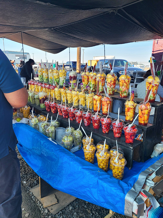 Fruit cups that put office vending machines to shame&mdash;nature's candy, dressed for success with chile, lime, and the promise of refreshment.