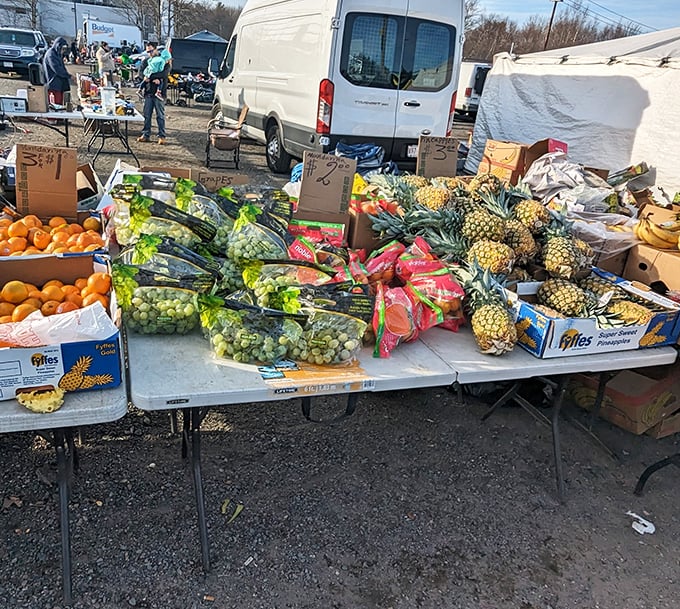 Fresh produce that brings farmers' market vibes to the flea market experience. Pineapples and oranges adding tropical flair to your treasure hunt.