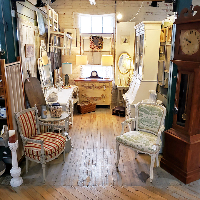 Shabby chic perfection in this vignette of vintage furniture. Not just a room setting &ndash; it's a ready-made backdrop for your next period drama.