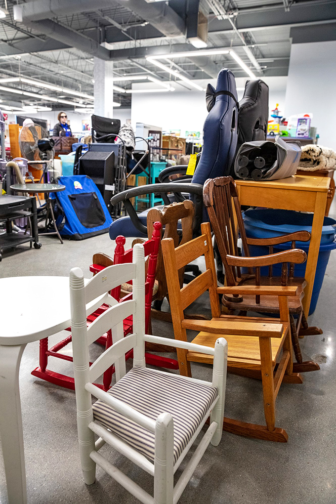 The furniture section—where rocking chairs, dining sets, and office chairs gather like old friends at a reunion, each with stories to tell.