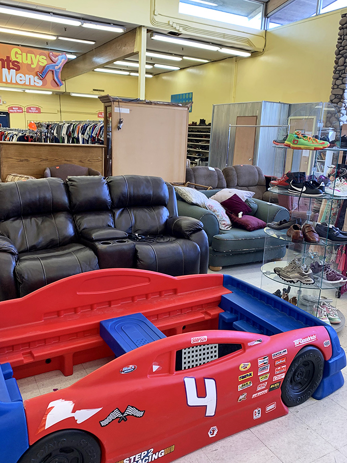 The furniture section: where that perfect leather recliner and race car bed coexist in beautiful, bizarre harmony.