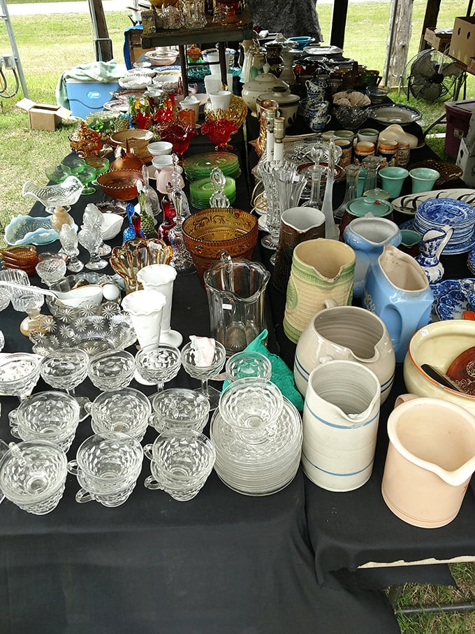 Glassware galore! Vintage cups, bowls, and pitchers create a crystalline landscape where your grandmother's missing punch bowl might finally be reunited with you.