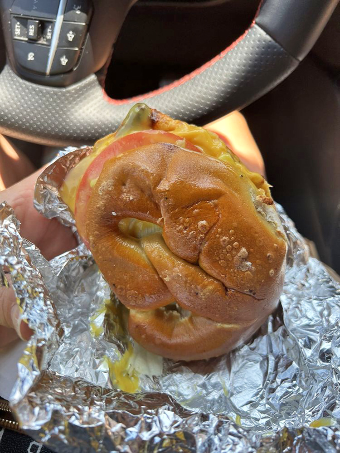 Car dashboard dining at its finest&mdash;this pretzel sandwich proves some treasures are too good to wait until you get home.