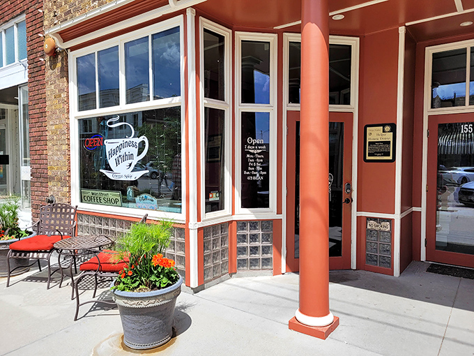 "Happiness Within" isn't just clever coffee shop branding&mdash;it's a promise delivered in every cup, especially when enjoyed at that inviting sidewalk table.