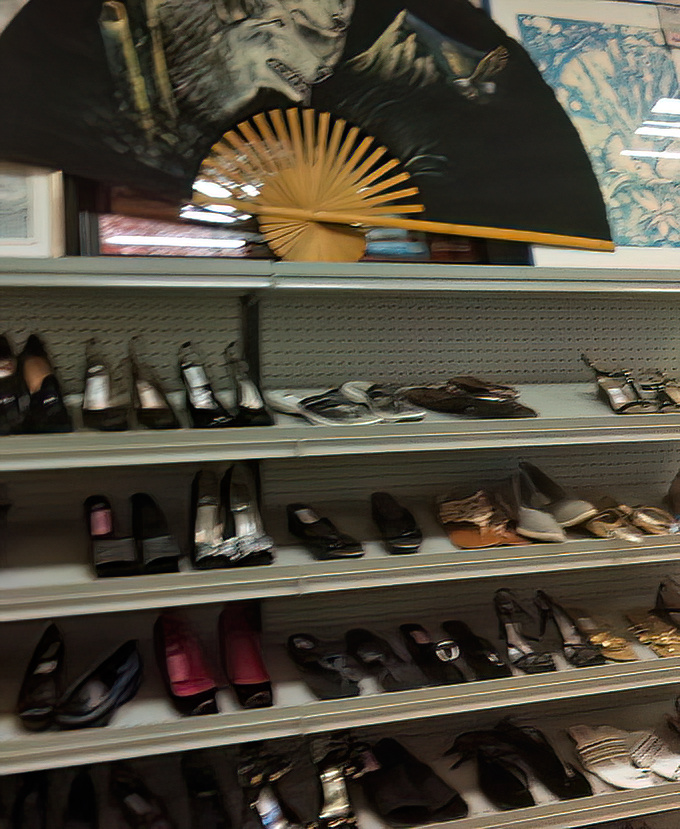 The shoe section: where barely-worn heels get second chances and shoppers do double-takes at the condition-to-price ratio.