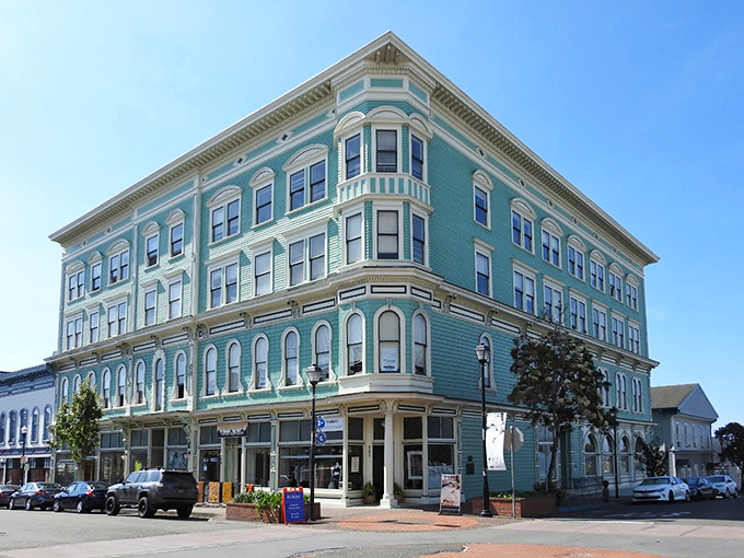 Painted in seaside turquoise, this historic building houses modern businesses while maintaining the architectural character that makes Eureka special.