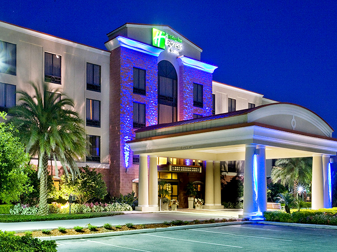 Even chain hotels up their game in Lake Placid, with Holiday Inn Express offering palm trees and evening blue lighting.