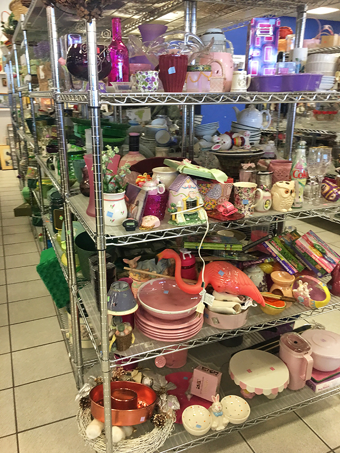 The housewares section resembles a colorful archaeological dig through America's kitchen history. That pink flamingo pitcher? Someone's grandmother definitely loved it.
