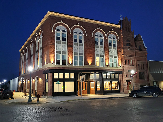 Night transforms the historic Hotel Garber into something magical, those illuminated windows promising stories if brick walls could talk.