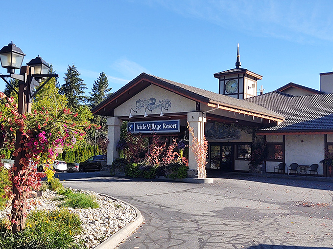 Icicle Village Resort welcomes visitors with Bavarian charm and climbing roses, promising accommodations where "rustic" and "comfortable" aren't mutually exclusive.