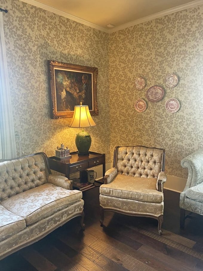 Vintage elegance meets homey comfort in this sitting area&mdash;the kind of room where both your posture and your spirits automatically improve.