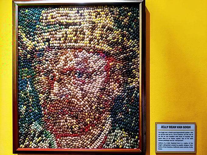 "Jelly Bean Van Gogh" gives new meaning to "starving artist." Thousands of candy pieces create a sweet portrait of the tortured genius.
