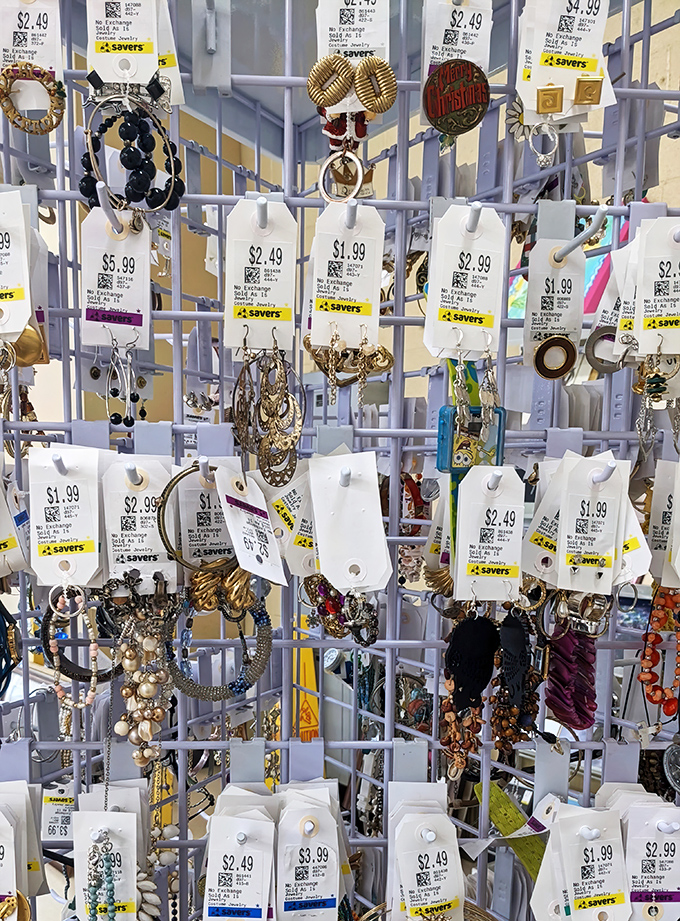 The jewelry display: where costume pieces priced like costume pieces occasionally hide a genuine treasure. Thrift store prospecting at its finest.