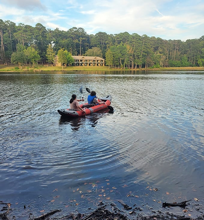 Kayakers paddle across Shadow Lake, proving that the best adventures don't require motors.