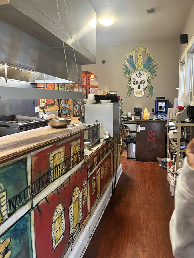 Behind the scenes, where New Orleans magic happens &ndash; colorful artwork and skull motifs remind you this isn't your average kitchen.