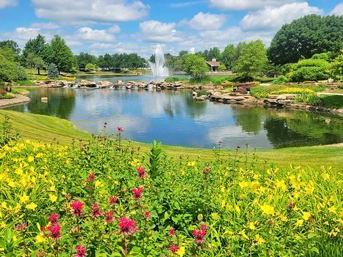 Mother Nature's showing off again! This picturesque pond view with wildflowers in the foreground proves that the best landscaping often happens when humans let nature do most of the work.