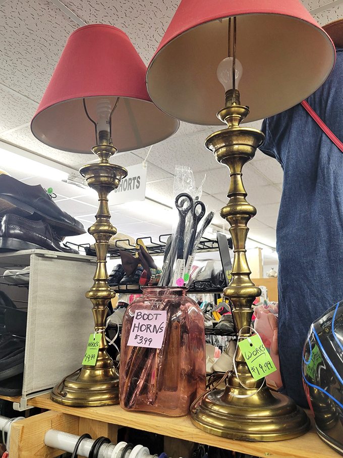 Brass lamps that would make Aladdin jealous, standing tall like golden sentinels. Rub them if you wish, but the only magic is their vintage charm.