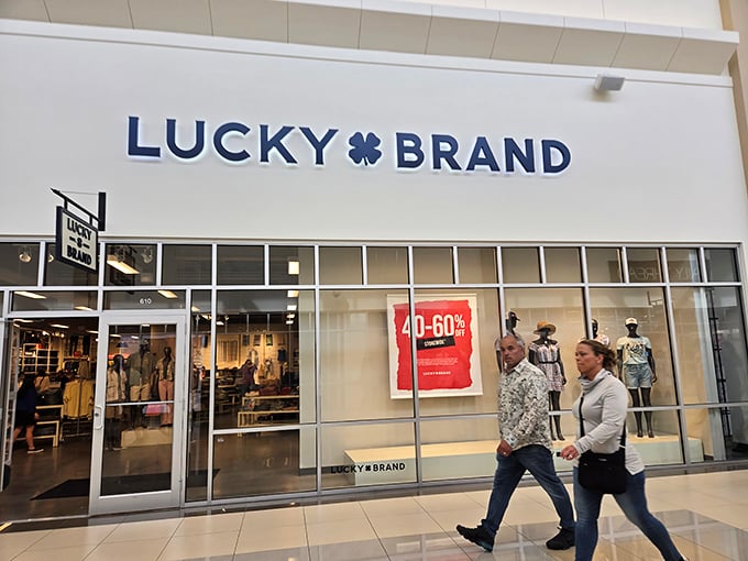 Lucky Brand's storefront promises both good fortune and good fashion. That four-leaf clover might help your wallet survive the experience.