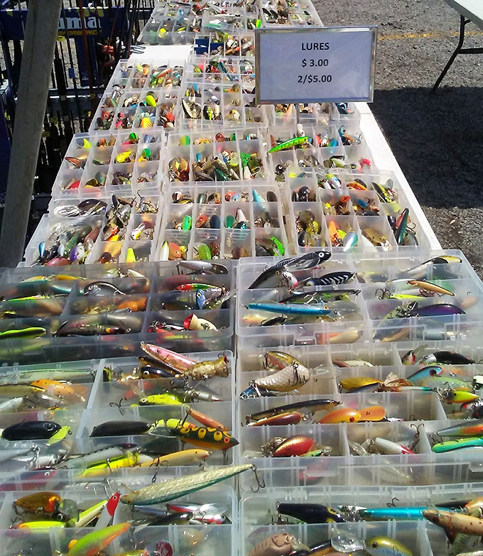 Fishing lure wonderland. Each compartment contains a different strategy for outsmarting Ohio's fish—a tackle box explosion in the best possible way.