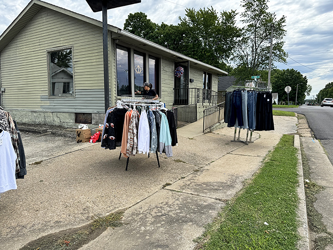 Local boutiques like this one offer affordable shopping without leaving town. Sidewalk displays invite browsers to discover bargains without big-city retail markups.