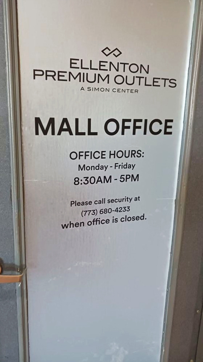 The mall office sign—retail's mission control. Where lost children, forgotten credit cards, and shopping emergencies find swift resolution.