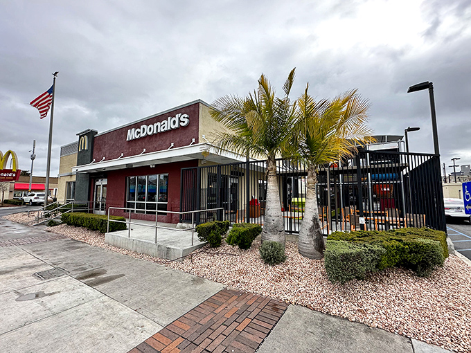 Even the Golden Arches get the Southern California treatment with palm trees standing guard like tropical sentries.