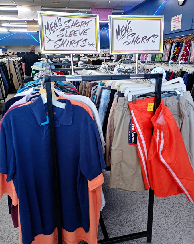 Men's clothing organized with the precision of a library&mdash;if libraries were filled with Hawaiian shirts and cargo shorts.