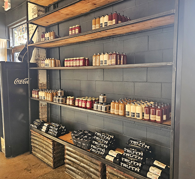 Truth's merchandise wall isn't just about branded t-shirts&mdash;it's a shrine to house-made sauces and rubs that let you attempt barbecue magic at home.