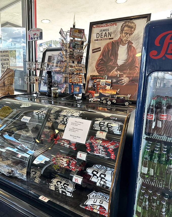 James Dean watches over Route 66 memorabilia, as if to say, "Live fast, eat well." The perfect souvenir stop for highway enthusiasts.