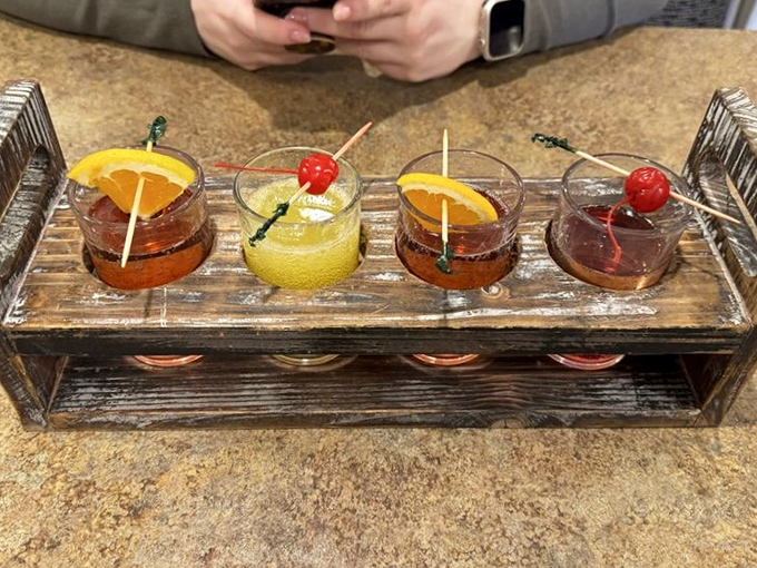 The mimosa flight&mdash;breakfast booze elevated to an art form, where each sip is a tiny vacation in a glass, complete with cherry passport stamps.