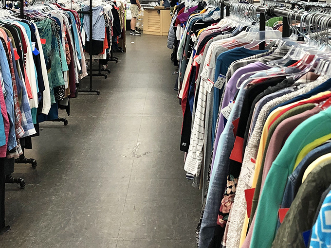 The technicolor dream aisle. Every hanger holds potential&mdash;that perfect silk blouse or vintage Hawaiian shirt might be hiding in plain sight.