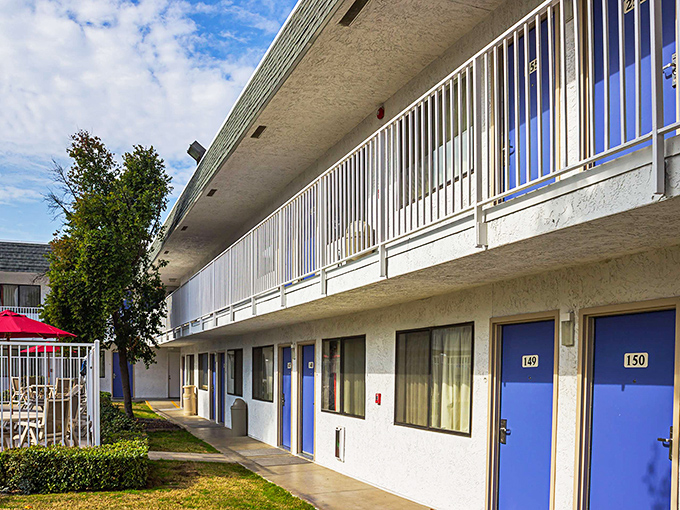 This motel's blue doors pop against white walls like a California interpretation of a Greek island, minus the Mediterranean but with all the hospitality.
