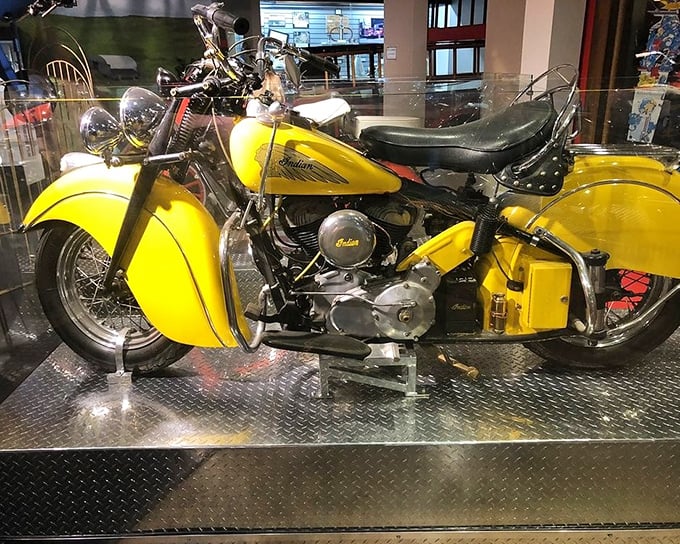 This sunshine-yellow Indian motorcycle practically roars with nostalgia even while standing still. Easy Rider's grandfather, perhaps?
