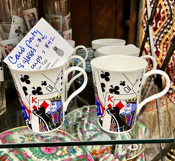 "Playing card mugs perfect for poker night or morning coffee. Royal flush of style without gambling away your decorating budget."