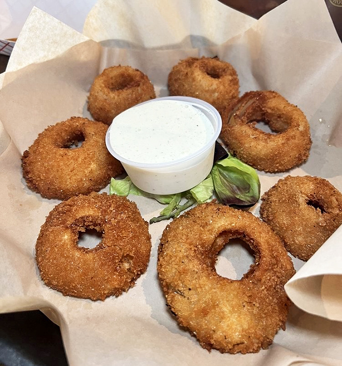 Golden-fried onion rings form perfect circles of crispy delight, surrounding a dipping sauce that's just waiting to complete the relationship.