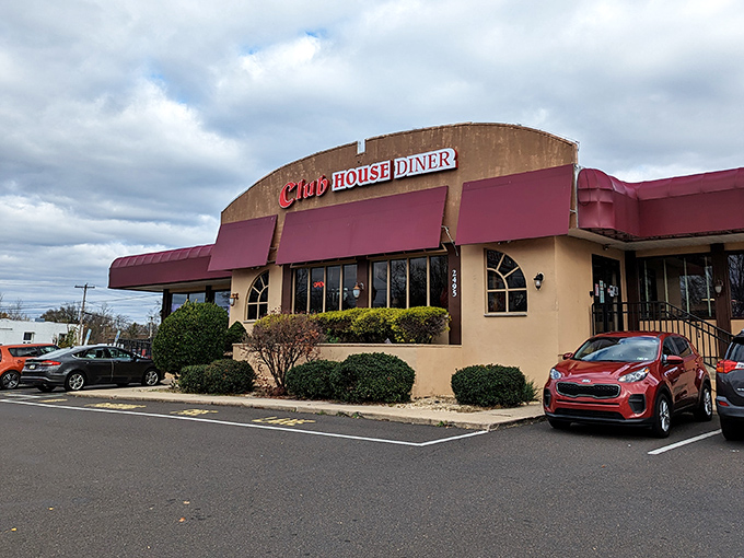 From another angle, the Club House Diner's distinctive architecture stands out in the suburban landscape&mdash;a temple of comfort food with plenty of parking.