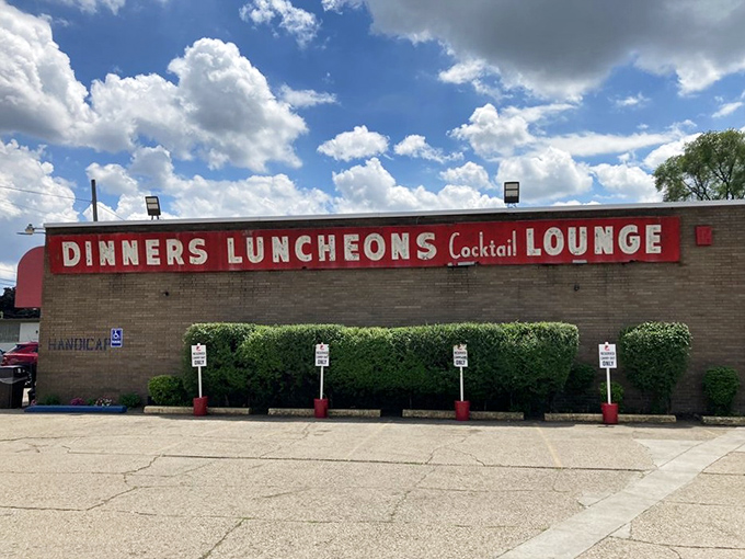 DINNERS LUNCHEONS Cocktail LOUNGE&mdash;a sign promising everything you need for happiness under one humble roof.