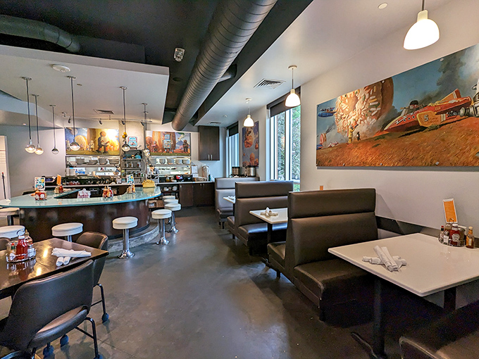 Modern industrial meets cozy comfort. The art on the walls is almost as colorful as the food presentations. 