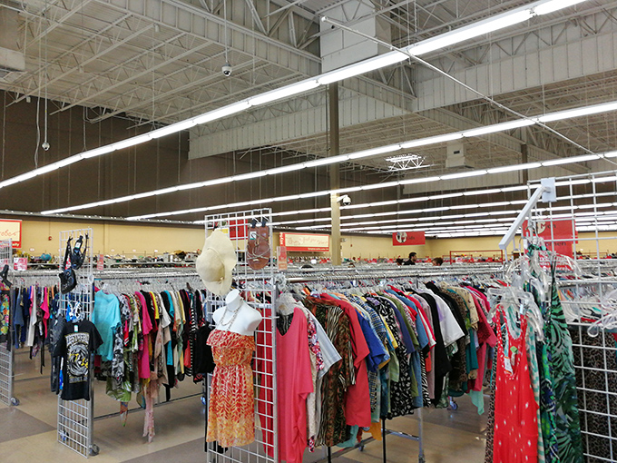 Racks upon racks of clothing create a textile forest where fashion explorers can hunt for that perfect vintage piece hiding in plain sight.