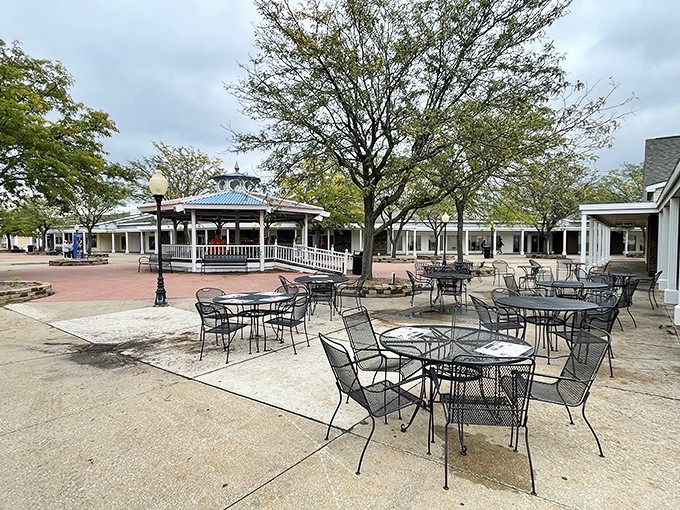 The courtyard oasis where weary shoppers rest their bags and debate which store deserves their remaining energy and credit limit.