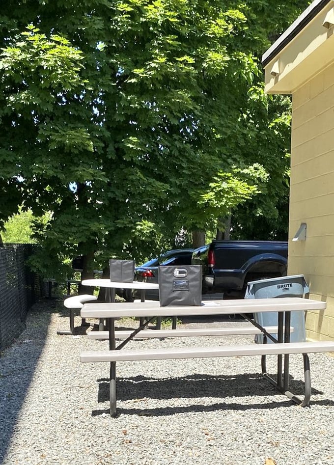 Al fresco dining, diner-style. These humble picnic tables offer a sunny alternative when the counter stools are filled with regulars.