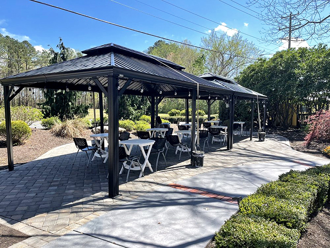 Outdoor dining under a sleek pavilion where Virginia breezes complement your breakfast. Social distancing never looked so inviting.