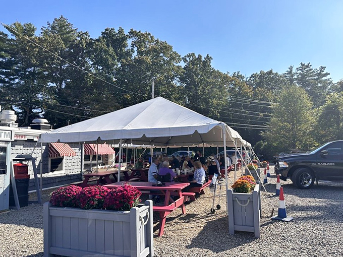 When summer arrives, the outdoor tent becomes prime real estate. Those red picnic tables have hosted more seafood celebrations than we can count.