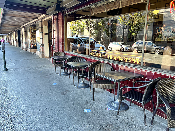 Sidewalk seating for those rare Pacific Northwest sunny days when vitamin D and people-watching become Olympic sports.
