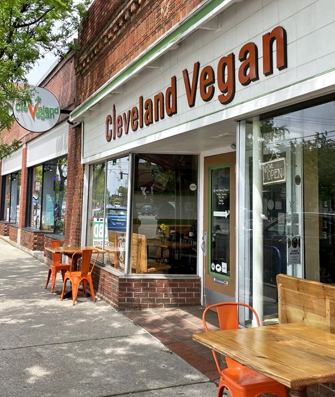 Outdoor seating that invites you to enjoy your plant-based feast while people-watching on Detroit Avenue. Urban dining at its finest.