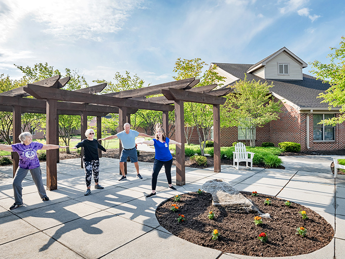 Morning tai chi under the pergola&mdash;where "I used to be able to touch my toes" meets "who cares, I'm having fun anyway."