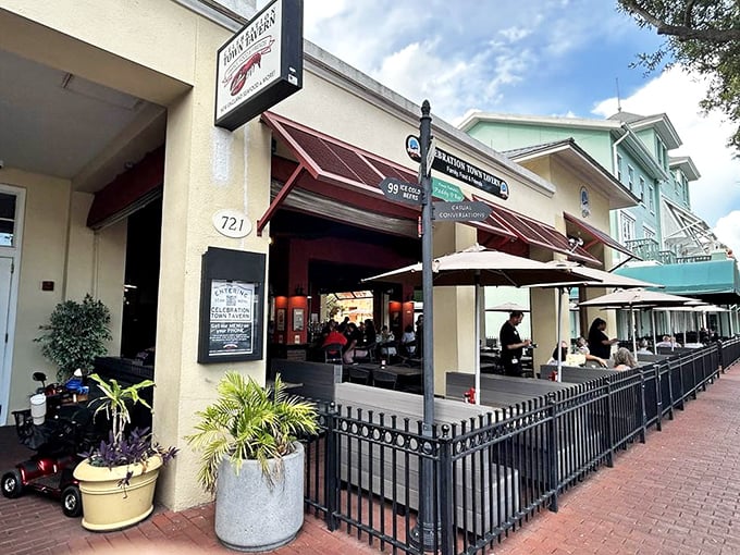 Outdoor seating lets you enjoy your clams while people-watching in Celebration, where reality and Disney planning create fascinating street theater.